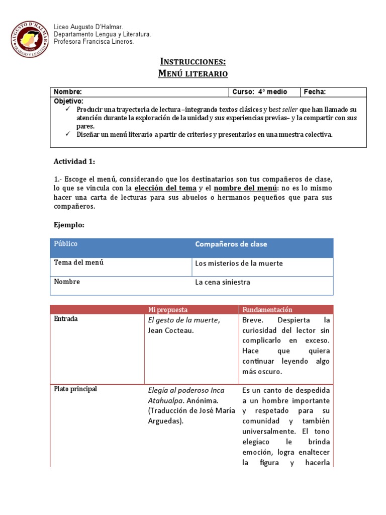 Instrucciones Menú Literario | PDF
