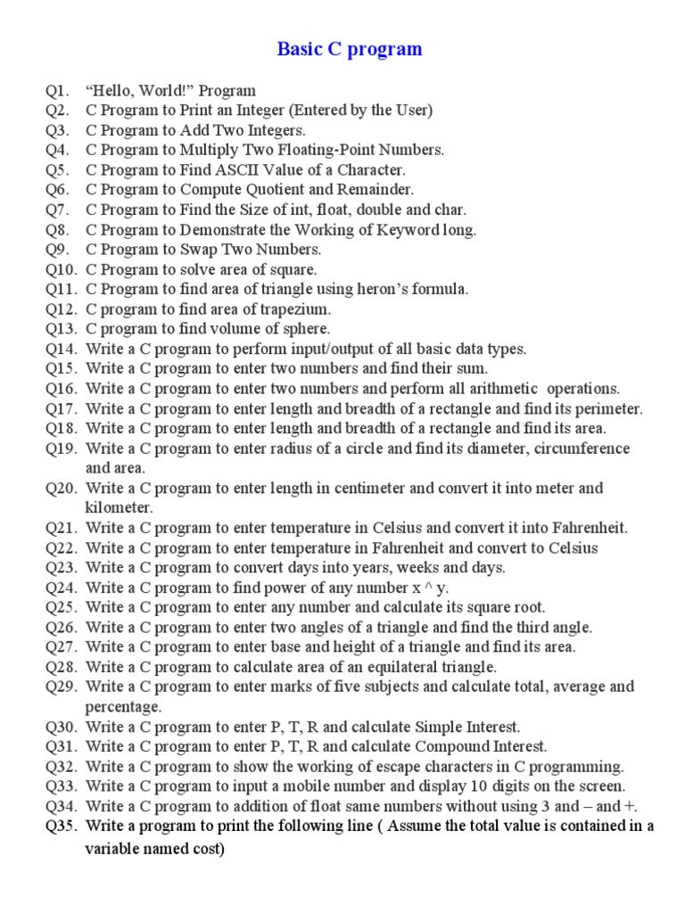 Basic C programs for maths, physics & conversions | PDF | Area ...