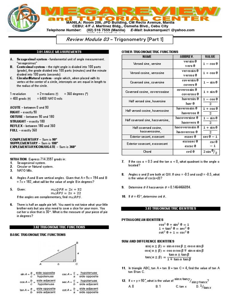 Review Module 03 Trigonometry Part 1 Pdf Trigonometric Functions Sine