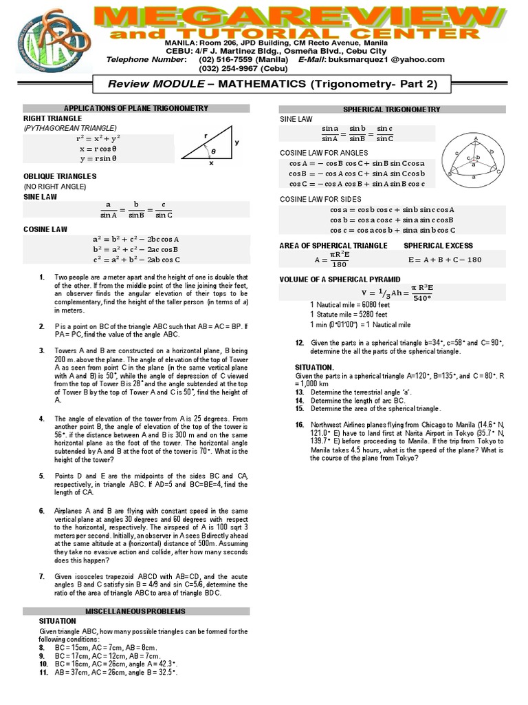 Review Module Mathematics Trigonometry Part 2 Applications Of