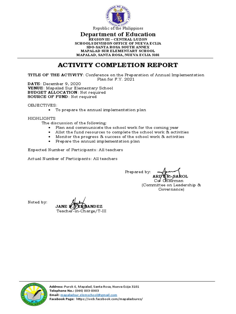 Activity Completion Report AIP | PDF