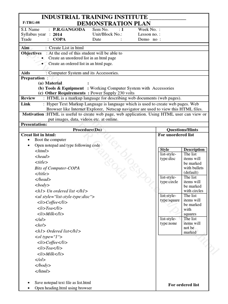 P R Gangoda: Industrial Training Institute - Demonstration Plan | PDF ...