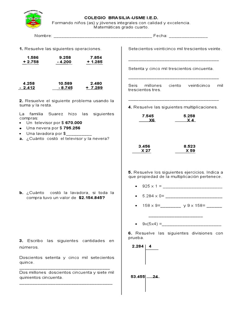 Matemáticas Grado Cuarto (Operaciones Básicas) | PDF | Matemáticas