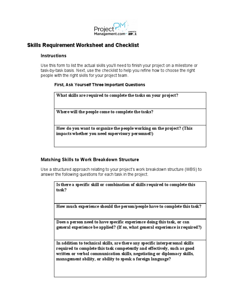 Skills Requirement Worksheet and Checklist: First, Ask Yourself Three ...