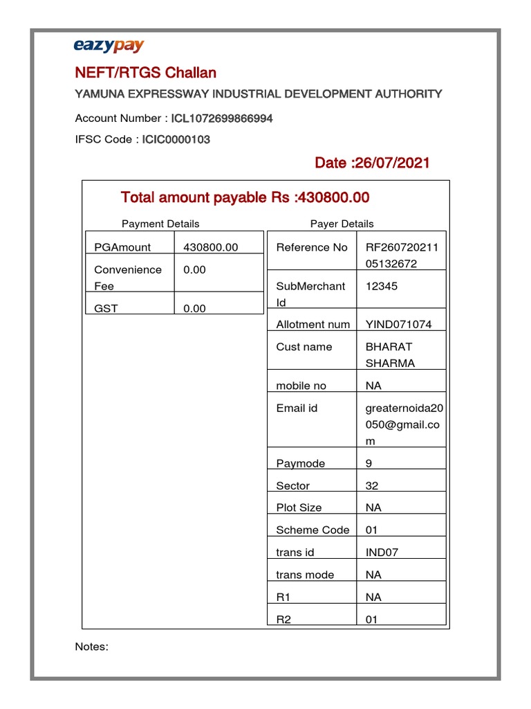 NEFT/RTGS Challan: Yamuna Expressway Industrial Development Authority ...