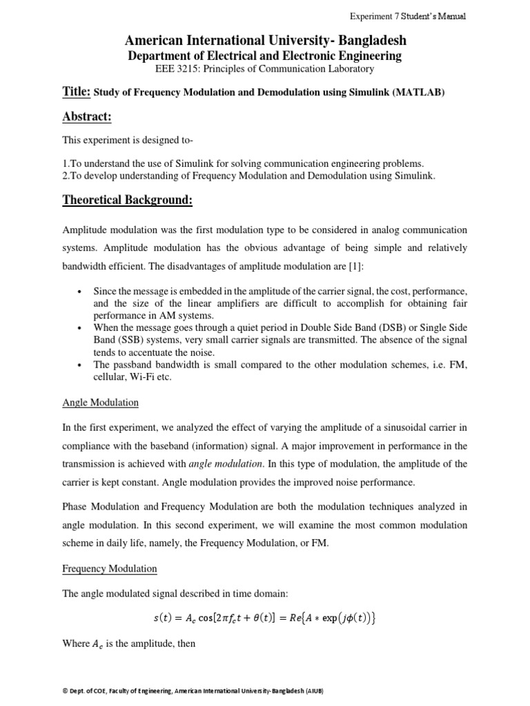 Principles Comm EXP 7 Student Manual | PDF | Modulation | Frequency Modulation
