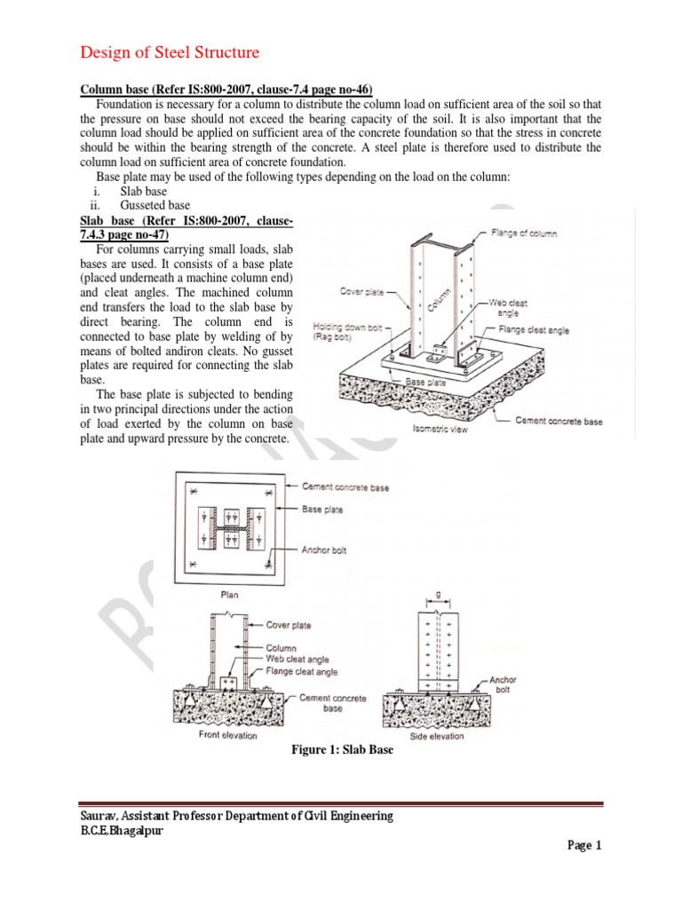 Design of Steel Structure: Column Base (Refer IS:800-2007, Clause-7.4 ...