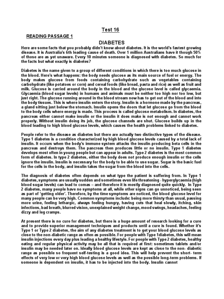 Reading Passage 1: Test 16 Diabetes | PDF | Hyperglycemia | Insulin