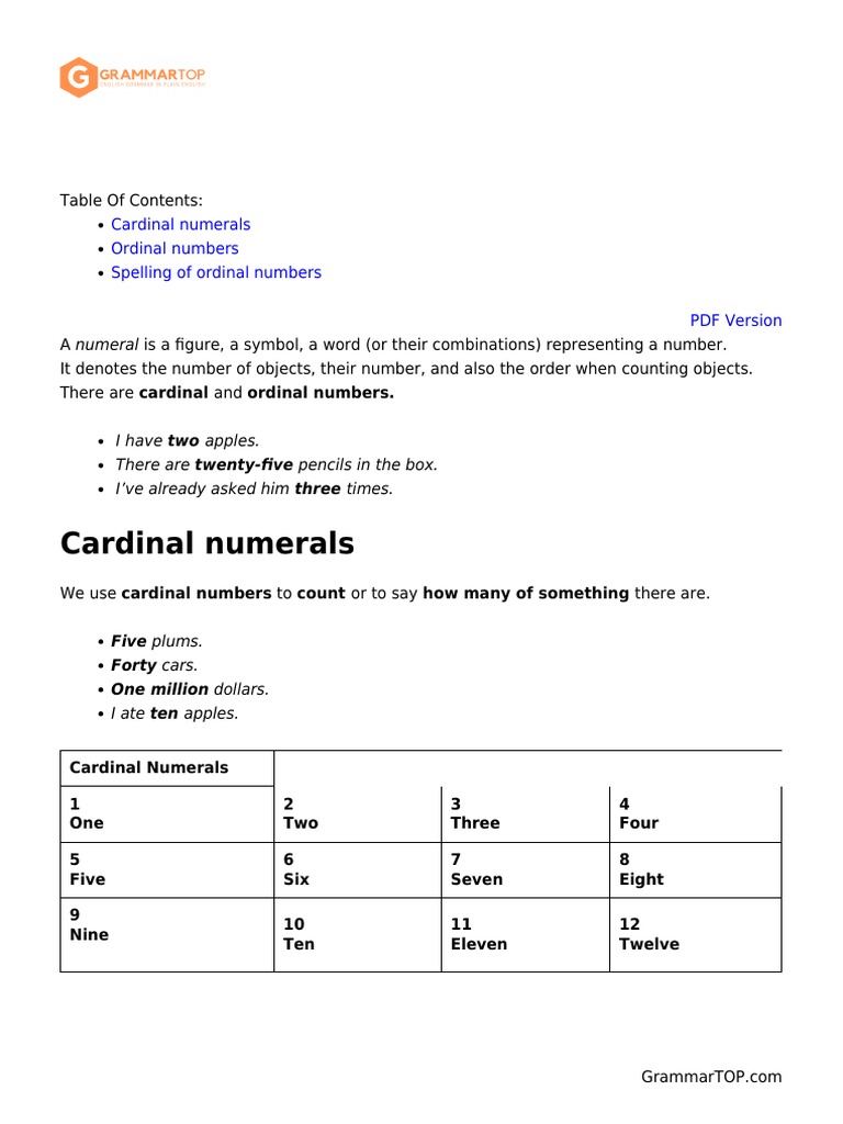 Numerals - Cardinal and Ordinal Numbers | PDF