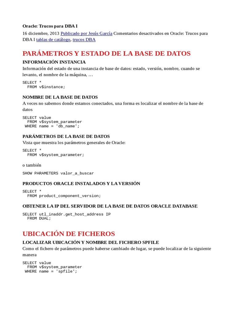 Trucos SQL para DBA en Oracle | PDF | SQL | Pl / Sql