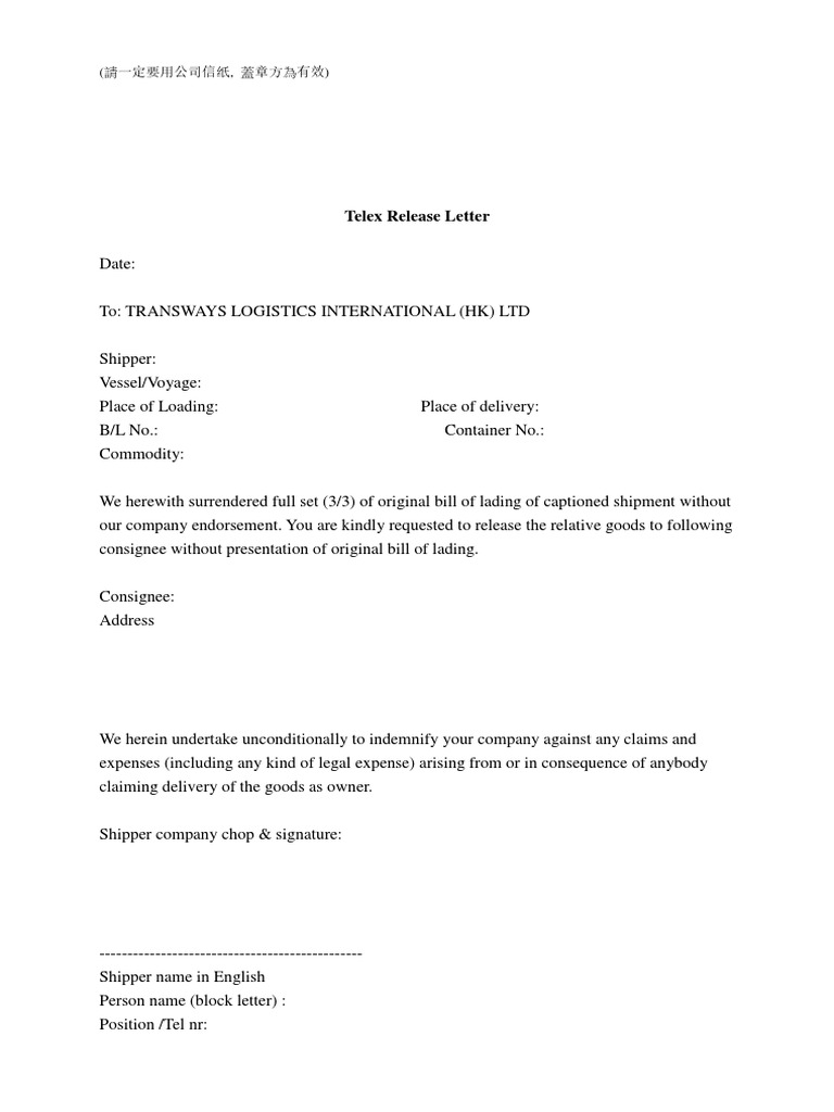 Telex Release Letter | PDF
