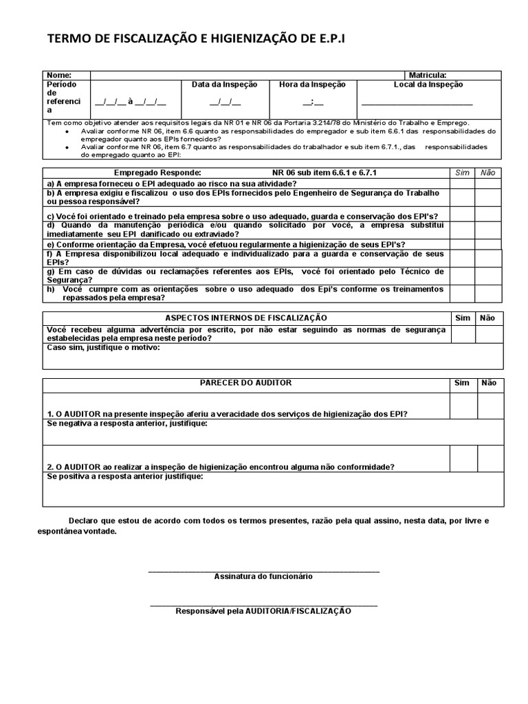 Termo de Fiscalização de EPI | PDF