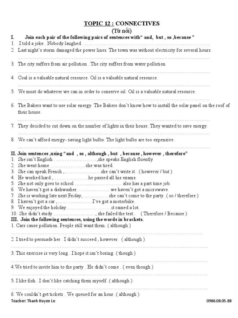 Topic 12: Connectives: I. Join Each Pair of The Following Pairs of ...