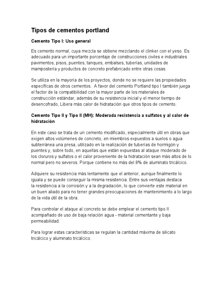 Tipos de Cementos Portland | PDF | Cemento | Hormigón Tipos de Cementos Portland | PDF | Cemento | Hormigón