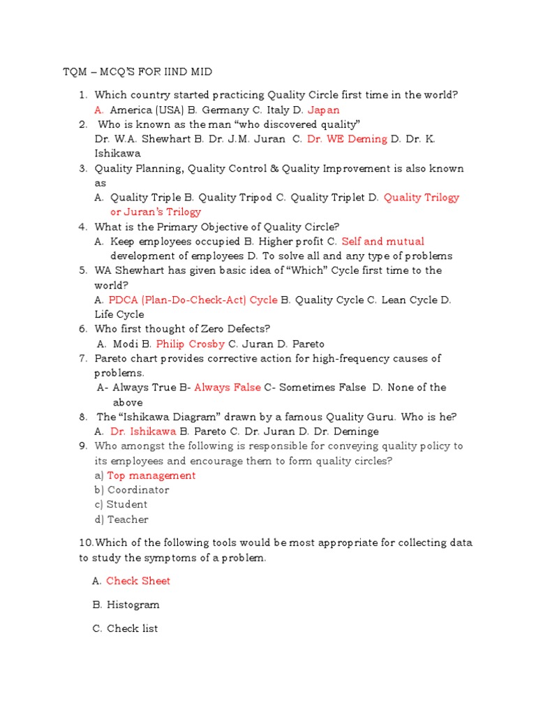 TQM Mcq's For Second Mid | PDF | Scatter Plot | Quality