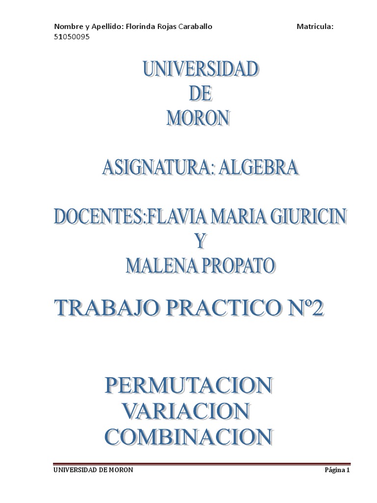 Trabajo Practico #2 Permutacion Variacion y Combinacion | PDF | Combinatoria | Matemáticas
