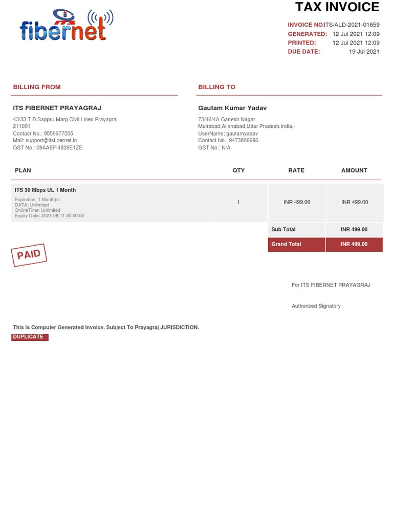 ITS Fibernet Tax Invoice - July 2021 | PDF
