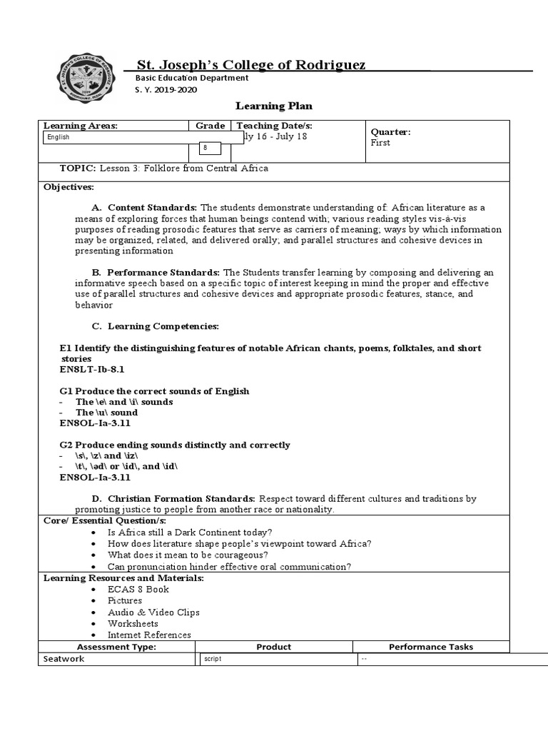 St. Joseph's College of Rodriguez: Learning Plan | PDF | Folklore ...