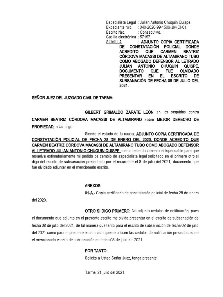 Adjunto Copia Certificada de Constatación Policial - Gilbert Zarate ...