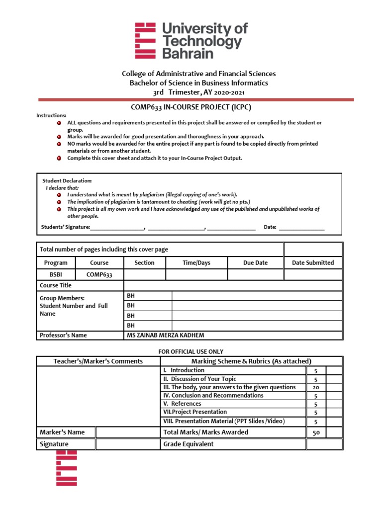 Comp633 Icpc Coversheet - Requirements 20201 | PDF | Question | Logic