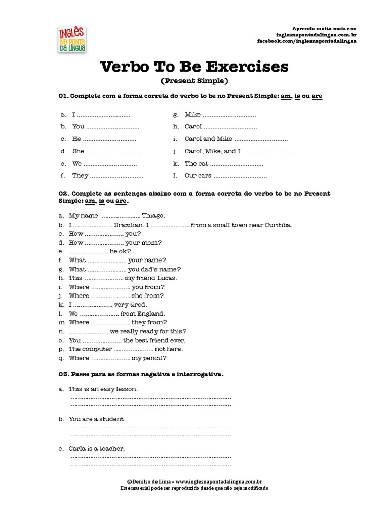 Verb To Be Present Exercises | PDF