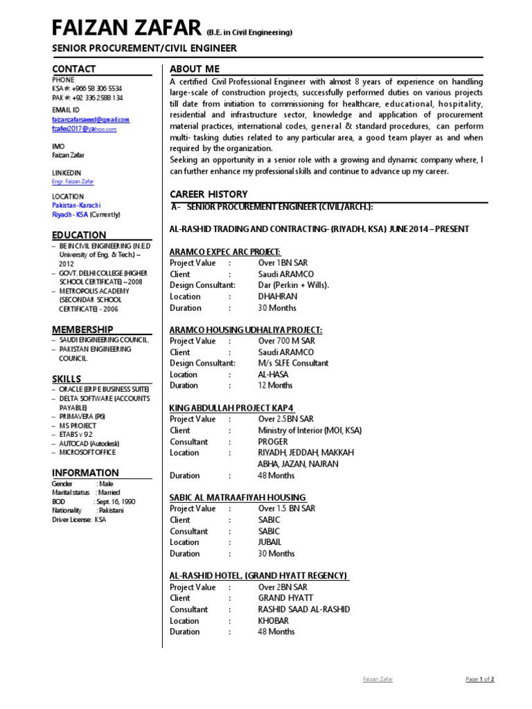 Senior Procurement/Civil Engineer Contact About Me: Fzafer2017@ya | PDF ...