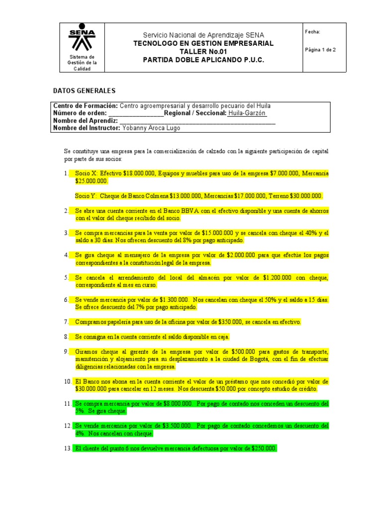 TALLER No.01 - PARTIDA DOBLE APLICANDO PUC | PDF | Bancos | Business