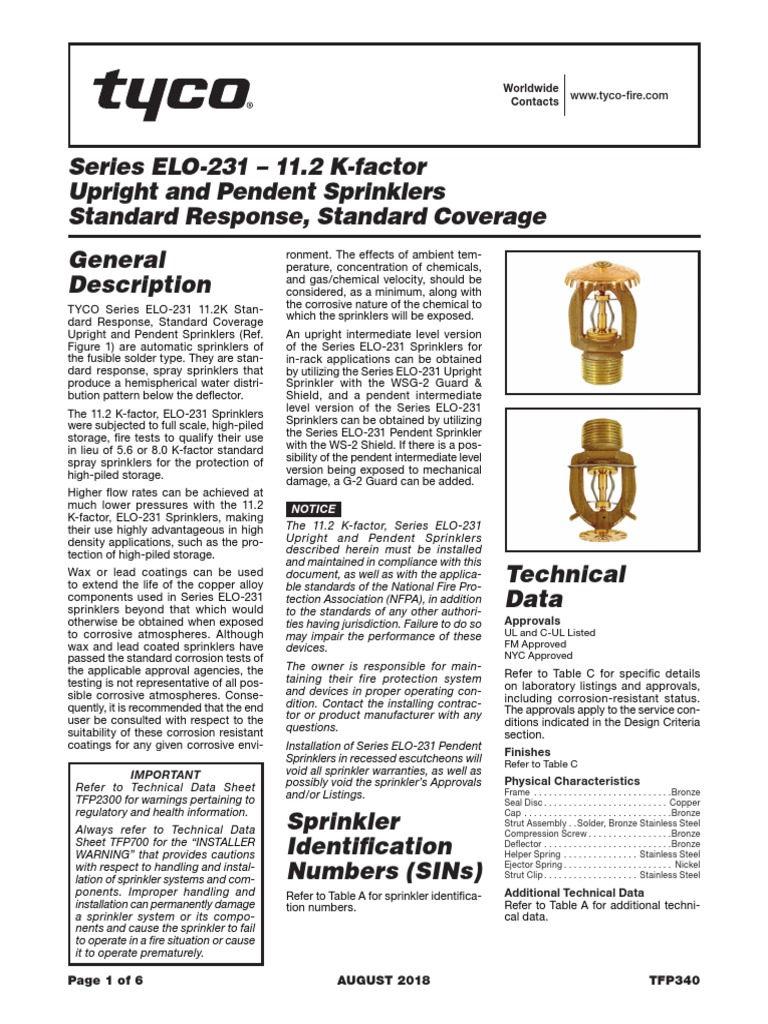 Series ELO-231 - 11.2 K-Factor Upright and Pendent Sprinklers Standard ...