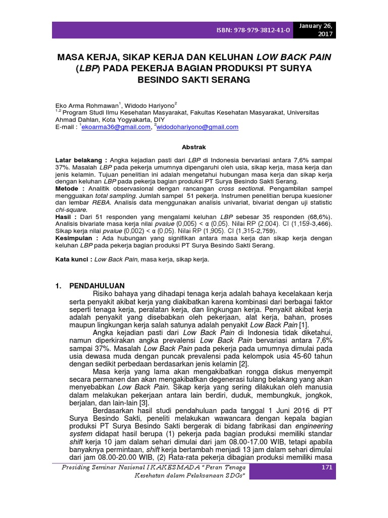 Masa Kerja, Sikap Kerja Dan Keluhan Low Back Pain (LBP) Pada Pekerja ...