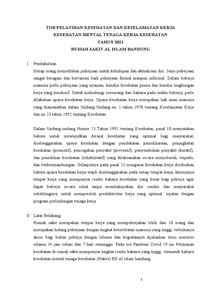 TOR PELATIHAN K3 Kes Mental 2021 | PDF