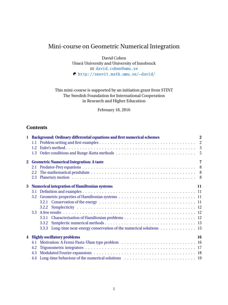 Mini-Course On Geometric Numerical Integration: David Cohen Umeå ...