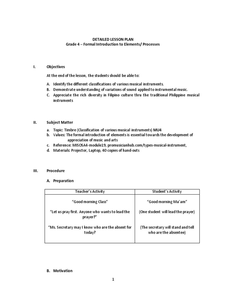 Detailed Lesson Plan Grade 4 - Formal Introduction To Elements ...