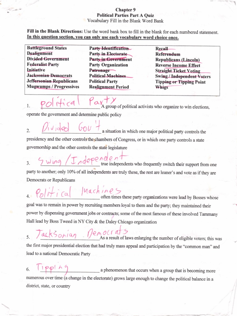 Political Parties Quiz and Vocabulary Guide | PDF | Voting | Republican ...