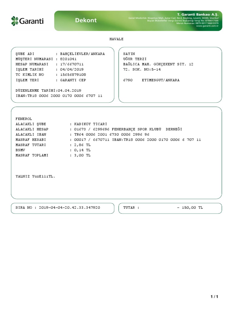 Dekont Fenerol 1 | PDF