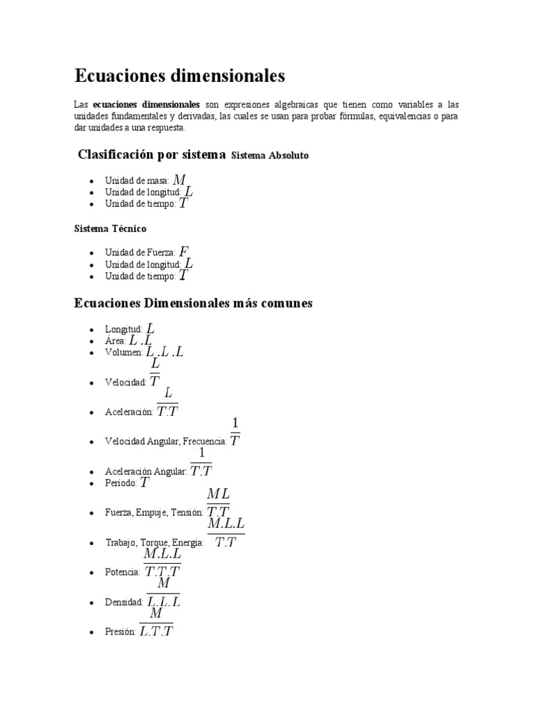 Ecuaciones Dimensionales | PDF | Dinámica (Mecánica) | Inercia