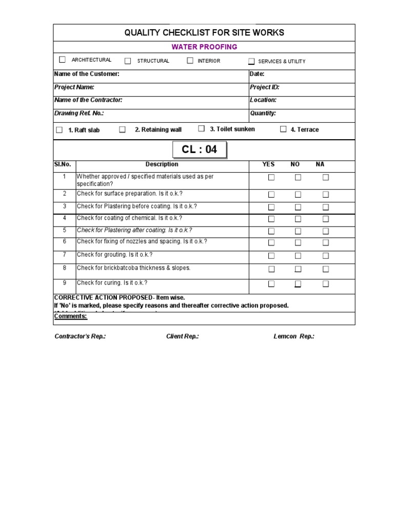 Water Proofing Checklist | PDF | Technology & Engineering