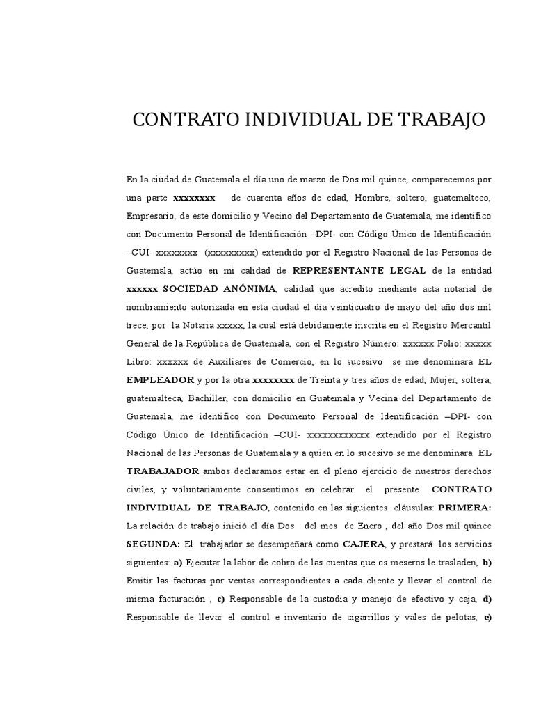 Modelo Contrato Individual de Trabajo | PDF | Guatemala | Economias