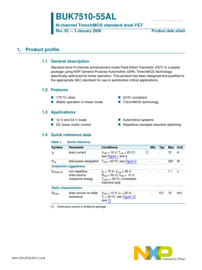 BUK7510-55AL: 1. Product Profile | PDF | Field Effect Transistor | Trademark