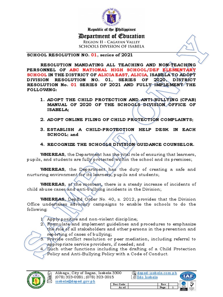 Sample School Resolution | PDF | Bullying | School Counselor