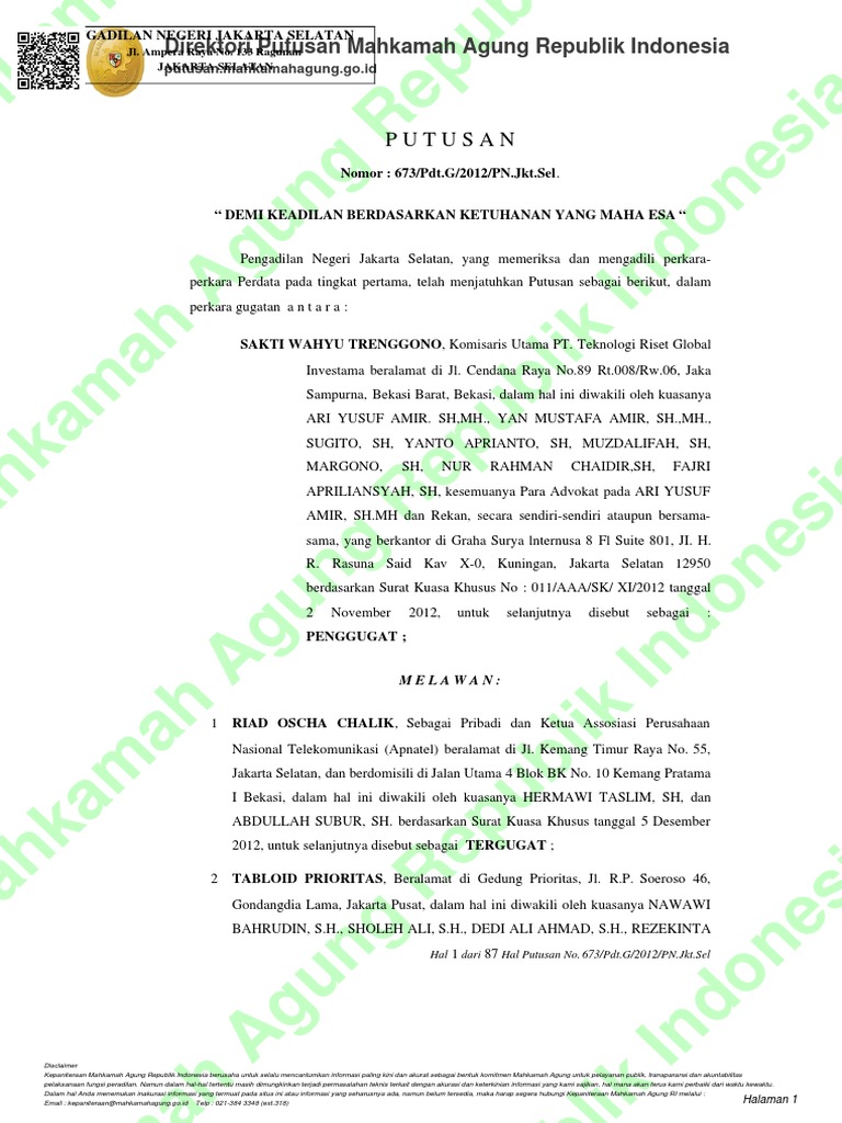 Putusan 673 PDT.G 2012 PN - Jkt.sel. 20210808 | PDF