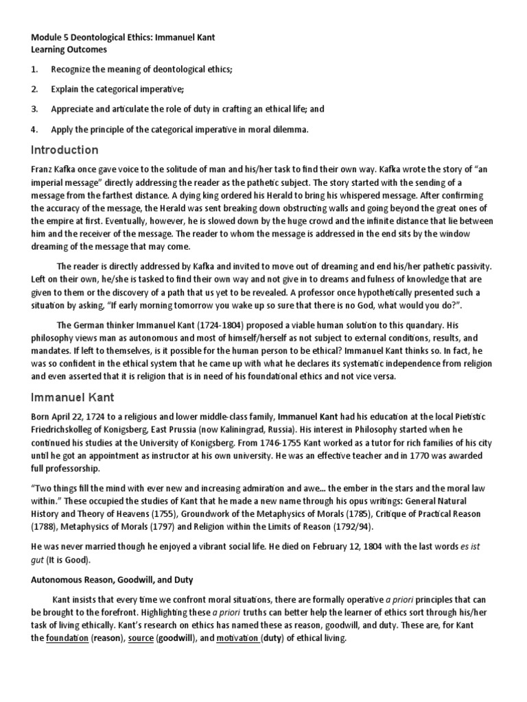 Kant's Deontological Ethics Explained | PDF | Immanuel Kant | Reason