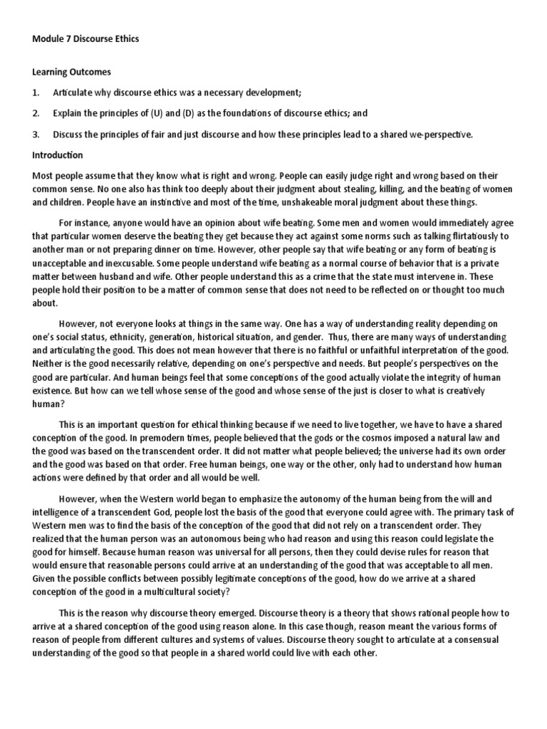Module 7 Discourse Ethics | PDF | Reason | Philosophical Theories