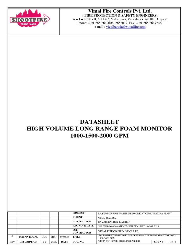 Vimal Fire Foam Monitor Datasheet | PDF | Pressure | Foam