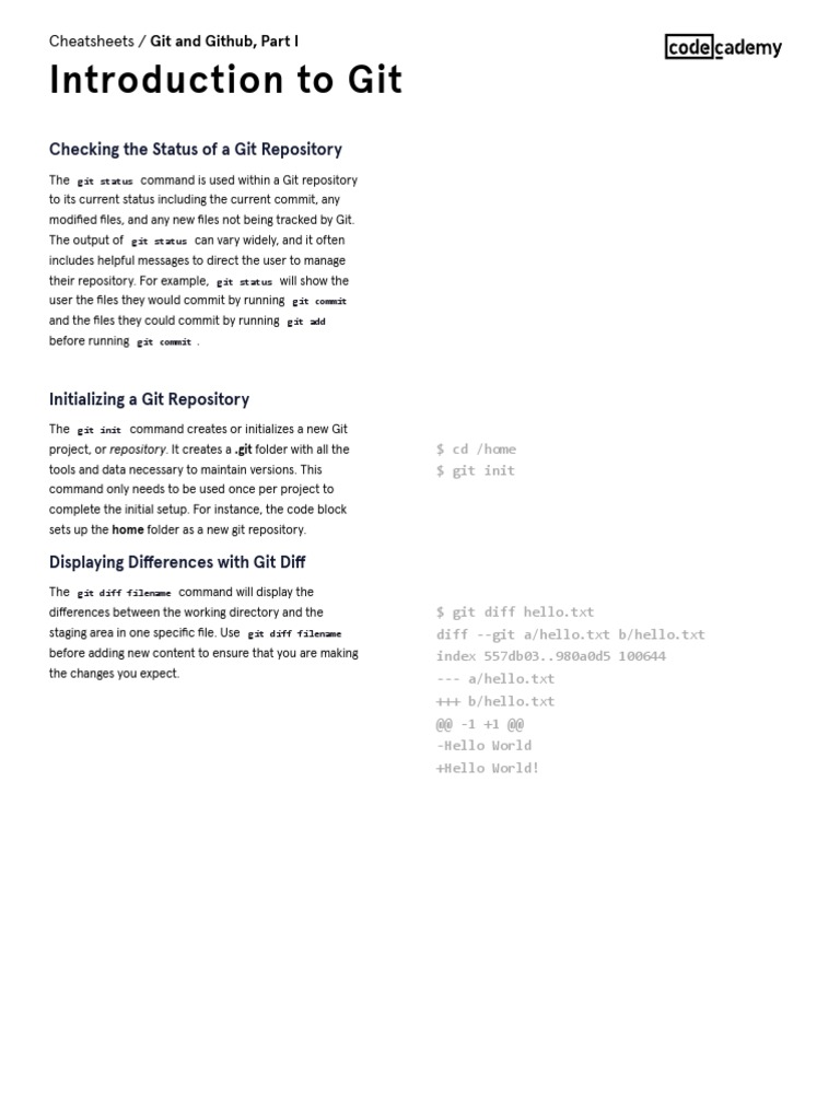 Git And Github Part I Introduction To Git Cheatsheet Codecademy Pdf Computer File 2219