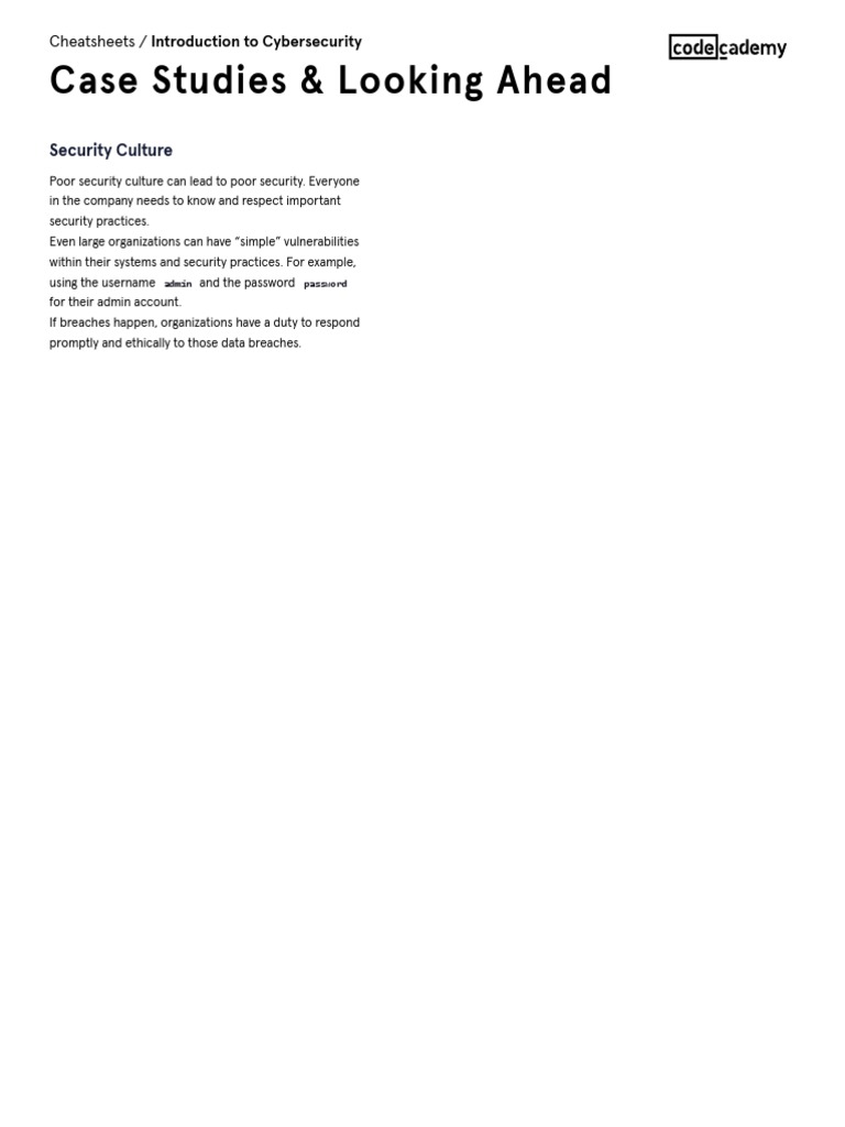 Introduction To Cybersecurity - Case Studies & Looking Ahead Cheatsheet ...