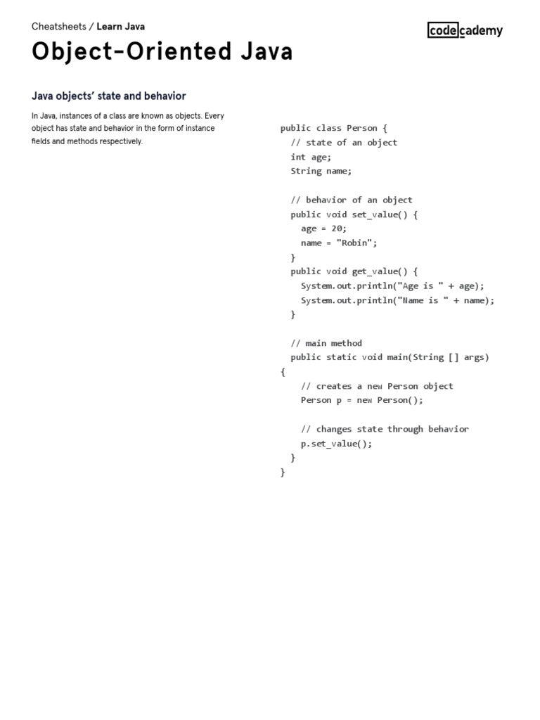 Learn Java Object Oriented Java Cheatsheet Codecademy Pdf 8005