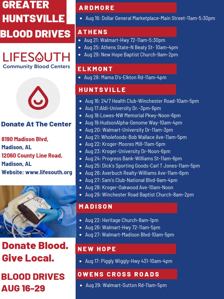 LifeSouth August Blood Drives | PDF | Travel