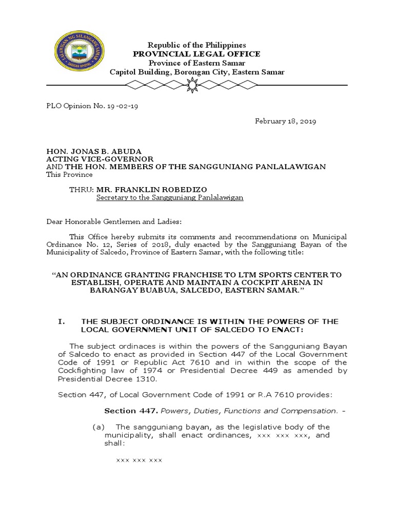 LO - Franchise Cockpit Arena (Salcedo) | PDF | Local Ordinance | Justice