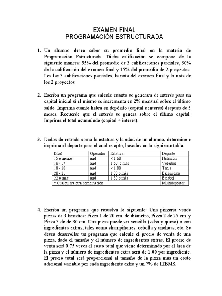 Examen Final Programacion Estructurada | PDF | Interés | Pizza