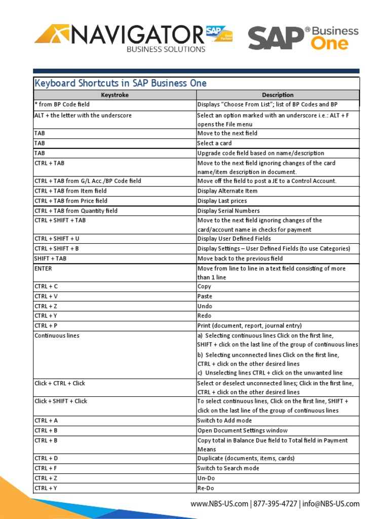 Navigator - SAP BusinessOne Keyboard Shortcuts | PDF | Keyboard ...